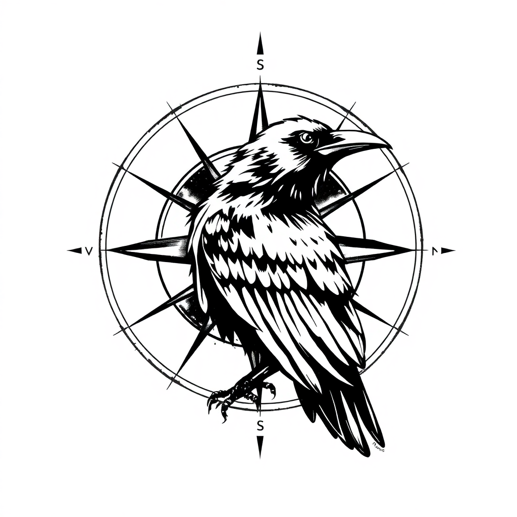 Sketch "A Crow With A Compass In Th" Tattoo Design | TattooCanvas.com