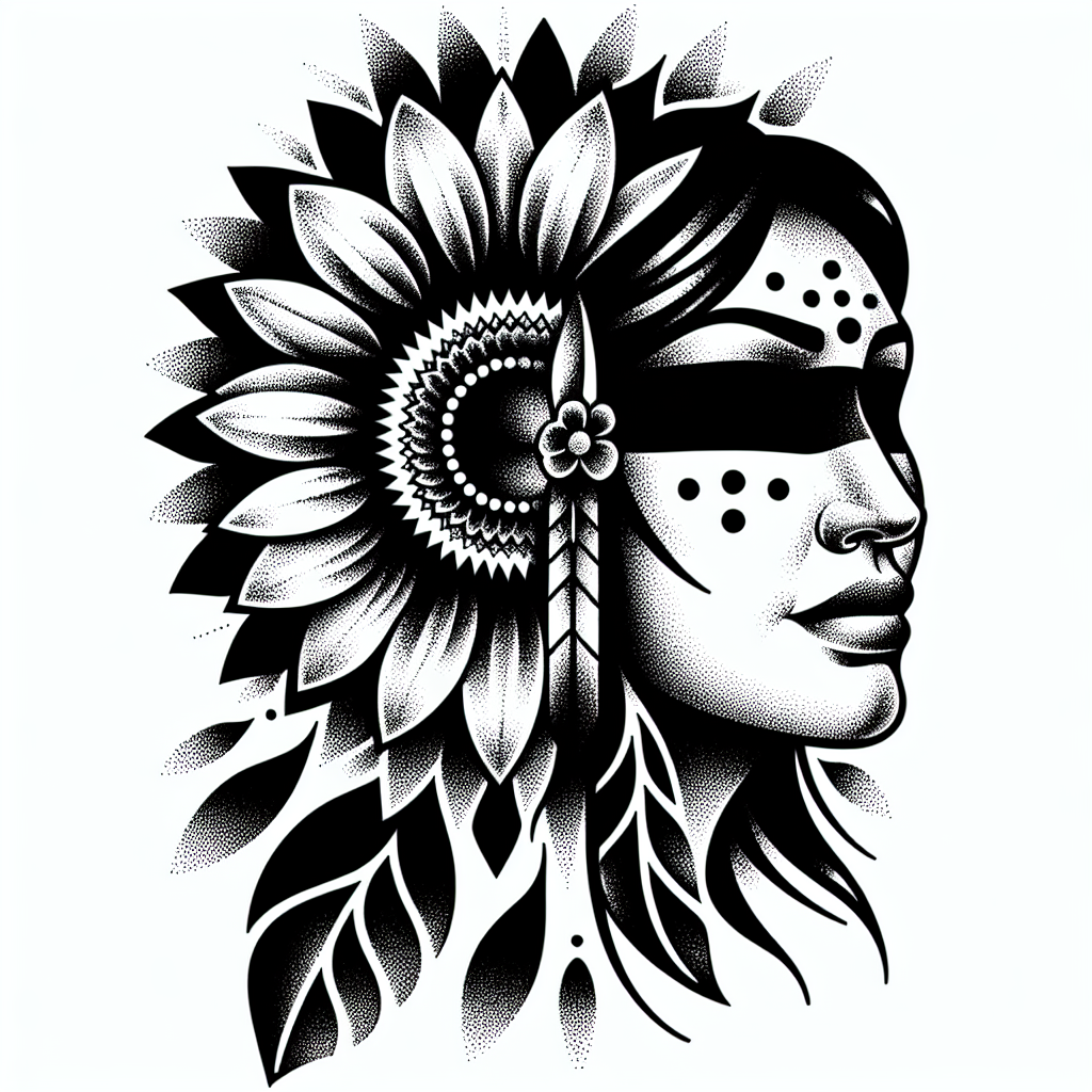 Dotwork "Sunflowers Around A Native " Tattoo Design | TattooCanvas.com